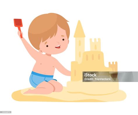 귀여운 소년 건물 샌드 캐슬 어린이 여름 활동 사랑스러운 아이 휴가 만화 벡터 일러스트에 해변에서 재미를 모래에 대한 스톡 벡터 아트 및 기타 이미지 Istock