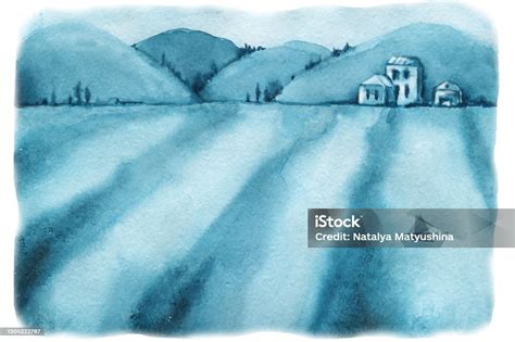 프로방스 컨트리 하우스 컨트리 부동산 산 야외 언덕 라벤더 필드 손으로 그린 흑백 수채화 일러스트 배경 배너 표지 엽서 결혼식을 위한 디자인 수채화에 대한 스톡 벡터 아트