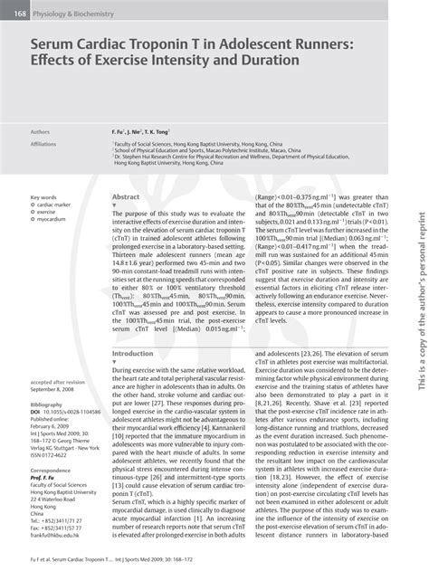 Pdf Serum Cardiac Troponin T In Adolescent Runners Effects Of Exercise Intensity And Duration