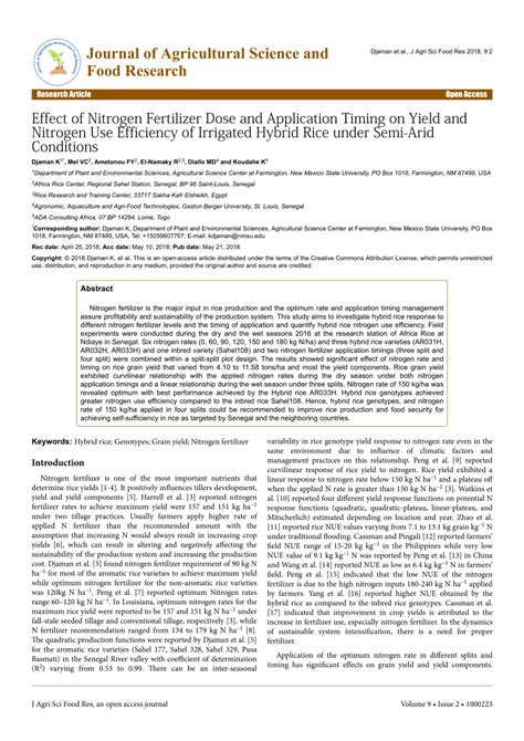 Pdf Effect Of Nitrogen Fertilizer Dose And Application Timing On Yield And Nitrogen Use