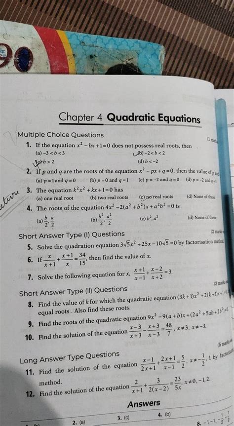 Chapter 4 Quadratic Equationsmultiple Choice Questions1 If The Equatio