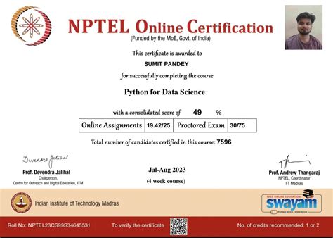 Nptel Pythonfordatascience Datascience Coursecompletion Sumit Pandey