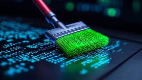 a lively digital image showing a broom sweeping binary code to