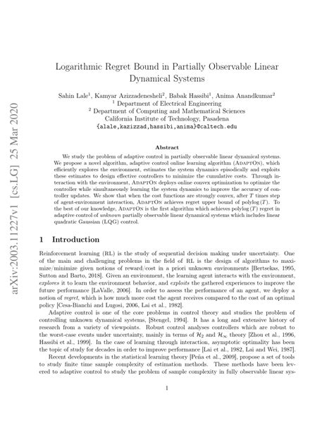 Pdf Logarithmic Regret Bound In Partially Observable Linear Dynamical Systems