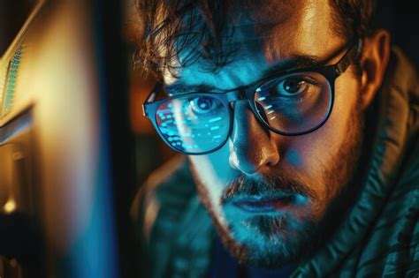 Programmer With Eyeglasses Hacking Computer With Virus Premium Ai