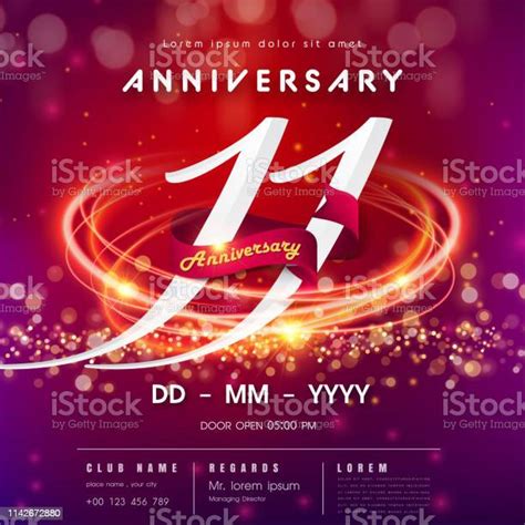 빨간색과 분홍색 추상적 인 미래 공간 배경에 11 년 기념일 로고 템플릿 하이테크 네트워크 디지털 기술 개념 디자인 요소와 숫자를 축 하 하는 11 현대 기술 디자인 광고에
