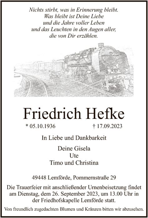 Traueranzeigen Von Friedrich Hefke Trauerkreiszeitungde
