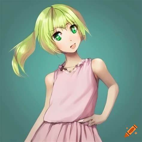 Anime Girl With Blonde Hair Blunt Bangs And Green Eyes In A Pink