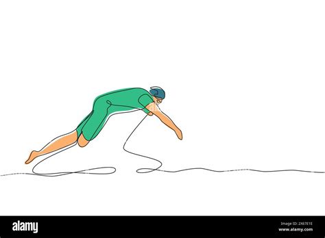 Continuous One Line Drawing Young Disabled Person Man In Swimming Suit