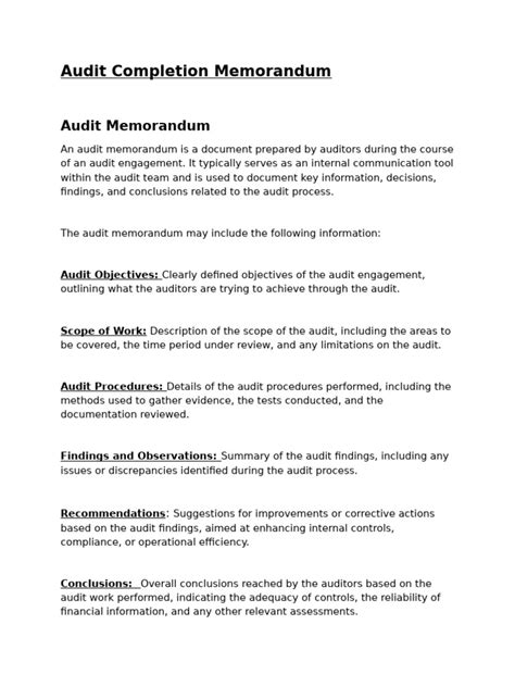 Audit Completion Memorandum Pdf Audit Memorandum