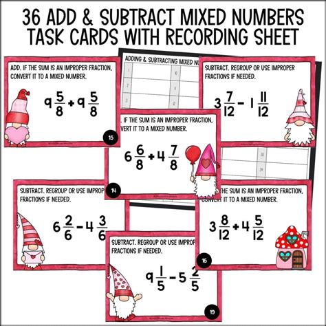 Valentines Day Adding And Subtracting Mixed Numbers Task Cards