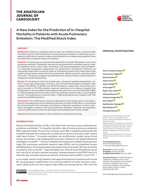 Pdf A New Index For The Prediction Of In Hospital Mortality In Patients With Acute Pulmonary