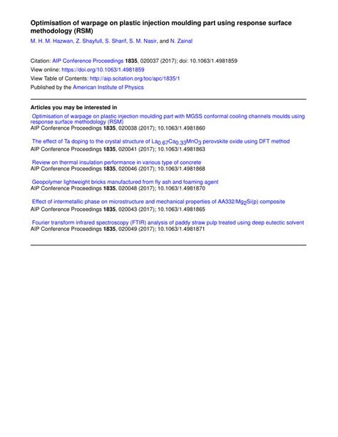 Pdf Optimisation Of Warpage On Plastic Injection Moulding Part Using Response Surface