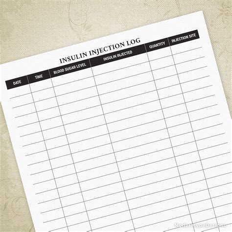Insulin Injection Log Printable For Diabetics Glucose Tracker