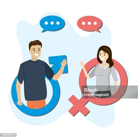 성별 기호의 백인 남성과 여성 캐릭터 사람들이 이야기합니다 양성 평등 개념 배너 사랑 커플 의사 소통 관계 귀여운 만화 인간