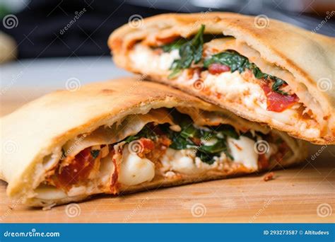 Calzone Folded Pizza Cut In Half Revealing Its Filling Stock
