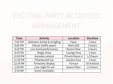 Exciting Party Activities Arrangement Excel Template And Google Sheets File For Free Download