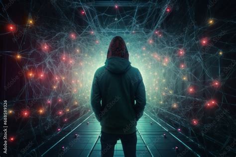 Hacker Inside A Fragmented Space Cyber Programmer In Dark Server Room