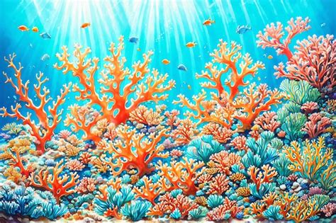 햇빛이 비치는 산호초 그림 프리미엄 사진