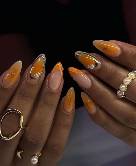 Orange Sunset Press On Nails Elegant Ombre And Pearl Accent Design