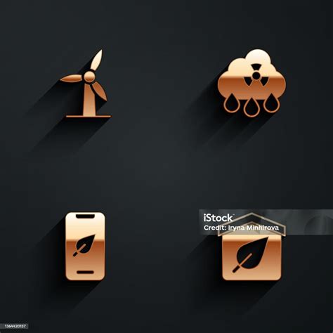 설정 풍력 터빈 산비 방사성 구름 잎과 환경 친화적 인 집 아이콘과 휴대 전화 긴 그림자 벡터 0명에 대한 스톡 벡터 아트 및