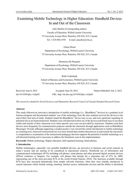 Pdf Examining Mobile Technology In Higher Education Handheld Devices In And Out Of The Classroom