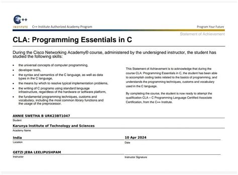 Annie Swetha B On Linkedin Certificate For Programming Essentials In C From Cisco Networking