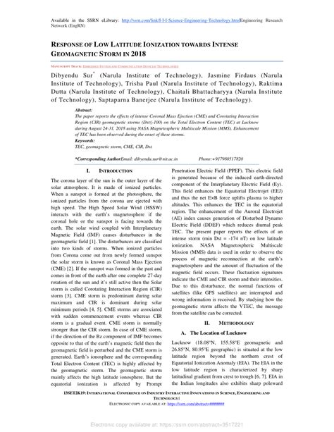 Pdf Response Of Low Latitude Ionization Towards Intense Geomagnetic Storm In 2018