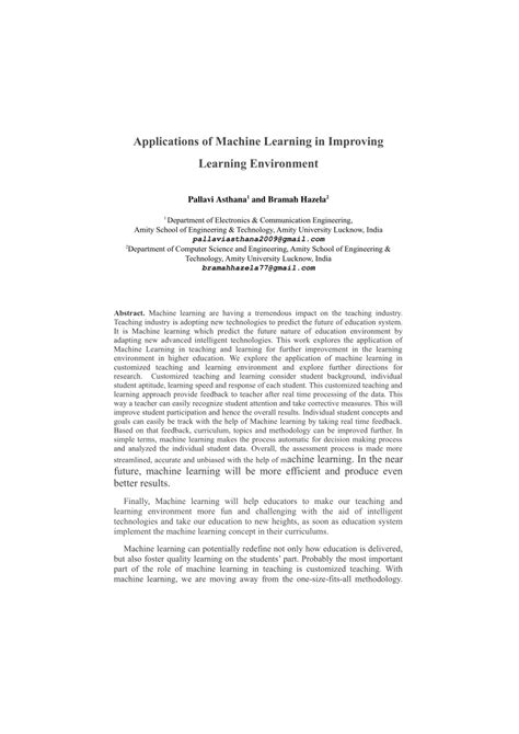 pdf applications of machine learning in improving learning environment