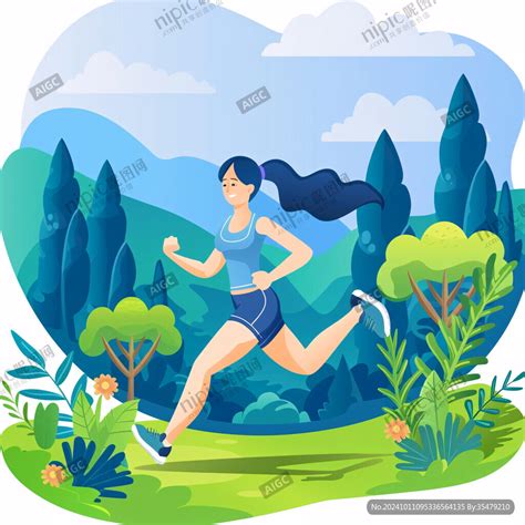 Ai创作图扁平插画跑步 户外运动插画 公园里跑步锻炼的美女 绘本运动跑步插画 运动锻炼插画 运动女孩插画 运动健身插画 夏天人物清晨跑步 有氧运动插画 公园跑步海报 运动人物扁平插画 全民健身