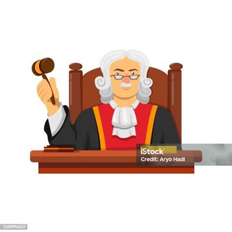 흰색 배경에 고립 된 만화 일러스트 벡터에서 망치 개념으로 책상에 앉아있는 판사 법률 캐릭터 결정에 대한 스톡 벡터 아트 및 기타 이미지 Istock