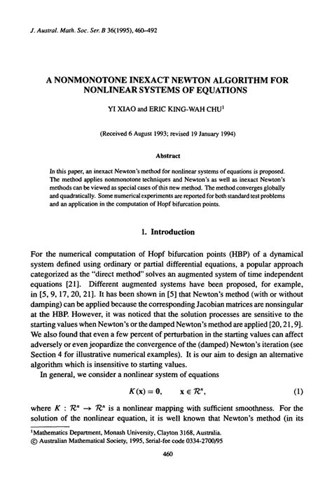 Pdf A Nonmonotone Inexact Newton Algorithm For Nonlinear Systems Of