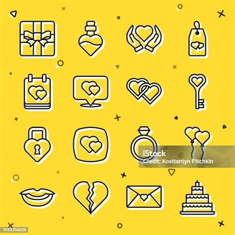 세트 라인 웨딩 케이크 하트의 풍선 형태 키 모양 하트 손 위치 달력 선물 상자 및 두 개의 연결된 하트 아이콘 벡터 검은색에 대한 스톡 벡터 아트 및 기타 이미지 Istock