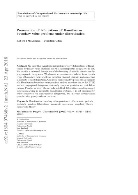 Pdf Preservation Of Bifurcations Of Hamiltonian Boundary Value Problems Under Discretisation