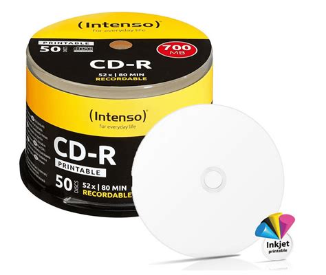 50 Intenso Blank Printable Cd Cd R 52x 700mb 80 Mins Discs Cakebox 1801125