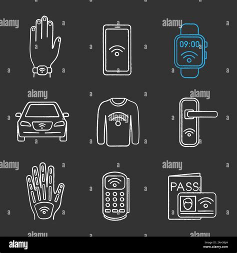 Nfc Technology Chalk Icons Set Near Field Bracelet Smartphone Credit