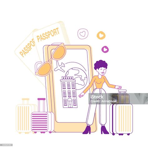 여행 응용 프로그램 라이프 스타일 기술 여자 여행자는 경로 Gps 책 호텔 및 비행기 티켓 만화 평면 벡터 일러스트레이션 라인 아트와 장소의 위치를 검색하기 위해 휴대 전화