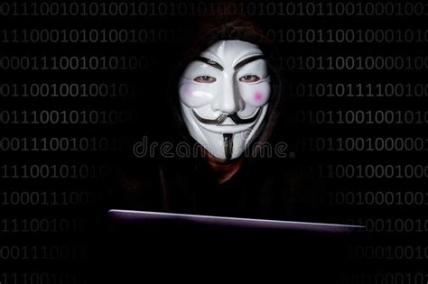 Portrait Of Man With Laptop And Vendetta Mask Isolated On Black Editorial Photography Image Of