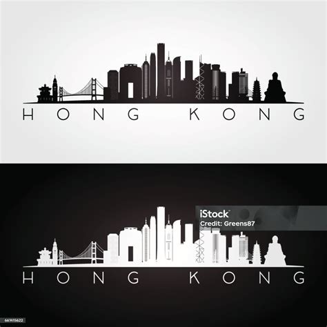 홍콩 스카이라인과 랜드마크 실루엣 흑인과 백인 디자인 벡터 일러스트 레이 션 홍콩에 대한 스톡 벡터 아트 및 기타 이미지 홍콩 스카이라인 벡터 Istock
