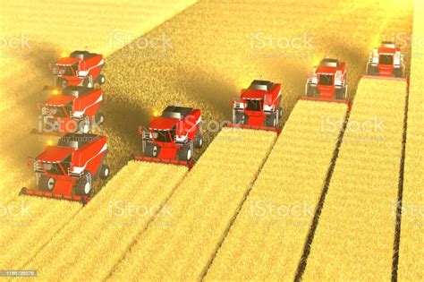 많은 빨간 농촌 결합 수확기의 산업 3d 그림은 큰 밀 필드에서 작업 공중 촬영 스타일로 위에서보기 개념에 대한 스톡 사진 및 기타 이미지 Istock