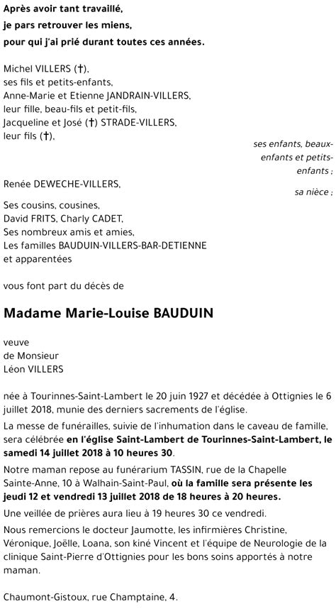 Avis De Décès De Marie Louise Bauduin Décédé Le 06 07 2018 à Ottignies Annonce Condoléances