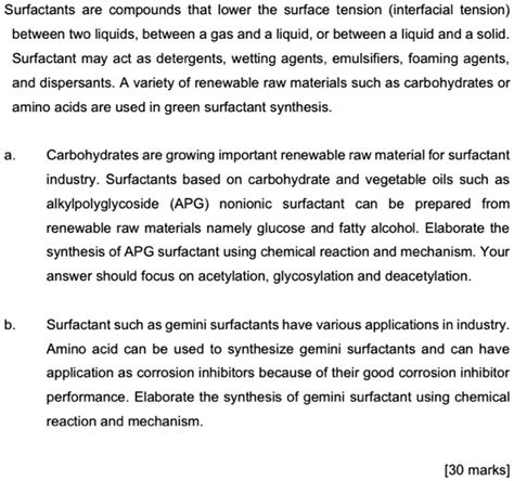 Solved Surfactants Are Compounds That Lower The Surface Tension Interfacial Tension Between