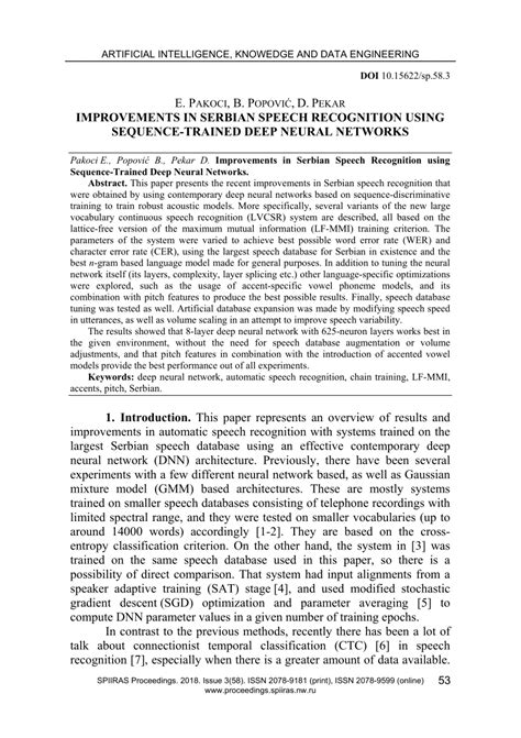 Pdf Improvements In Serbian Speech Recognition Using Sequence Trained Deep Neural Networks