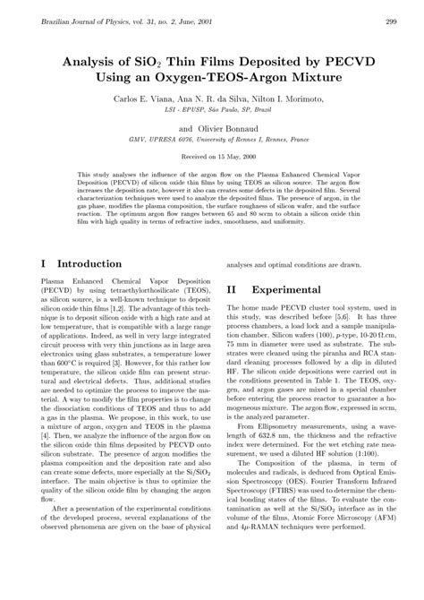 Pdf Analysis Of Sio2 Thin Films Deposited By Pecvd Using An Oxygen