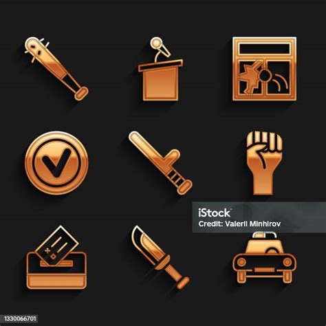 설정 경찰 고무 지휘봉 군사 칼 자동차와 점멸 꽉 주먹 투표 상자 라운드에 확인 표시 깨진 창과 야구 손톱 아이콘으로 손을 제기 벡터 검은색에 대한 스톡 벡터 아트 및 기타