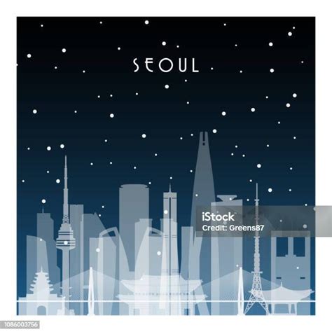 서울에서 겨울 밤입니다 배너 포스터 일러스트 레이 션 배경에 대 한 평면 스타일에 박 시 서울에 대한 스톡 벡터 아트 및 기타 이미지 Istock