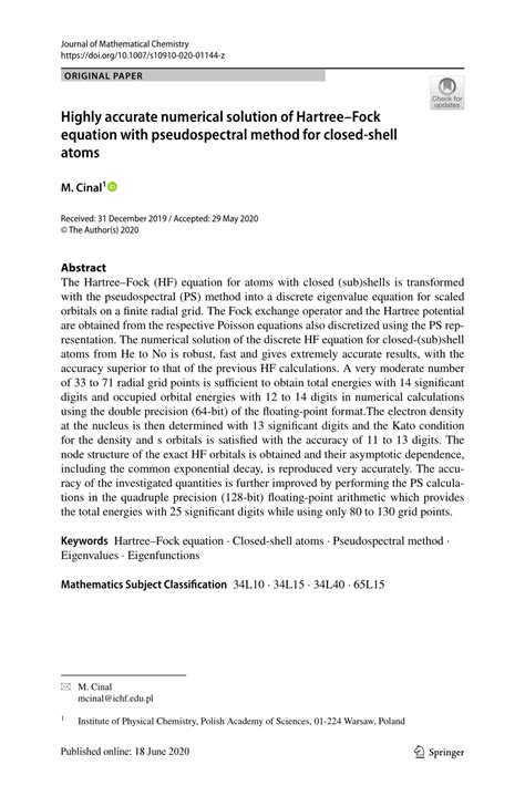 Pdf Highly Accurate Numerical Solution Of Hartreefock Equation With Pseudospectral Method For
