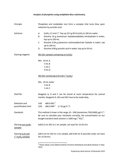 Analysis Of Phosphate Using Molybdate Blue Colorimetry Pdf Detection Limit Physical Sciences