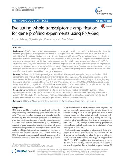 Pdf Evaluating Whole Transcriptome Amplification For Gene Profiling Experiments Using Rna Seq