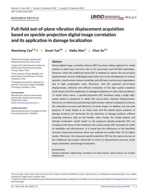 Pdf Full‐field Out‐of‐plane Vibration Displacement Acquisition Based